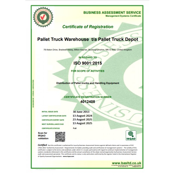 iSO 9001:2015 Proof Load Test Certificate – PalletTruckSales